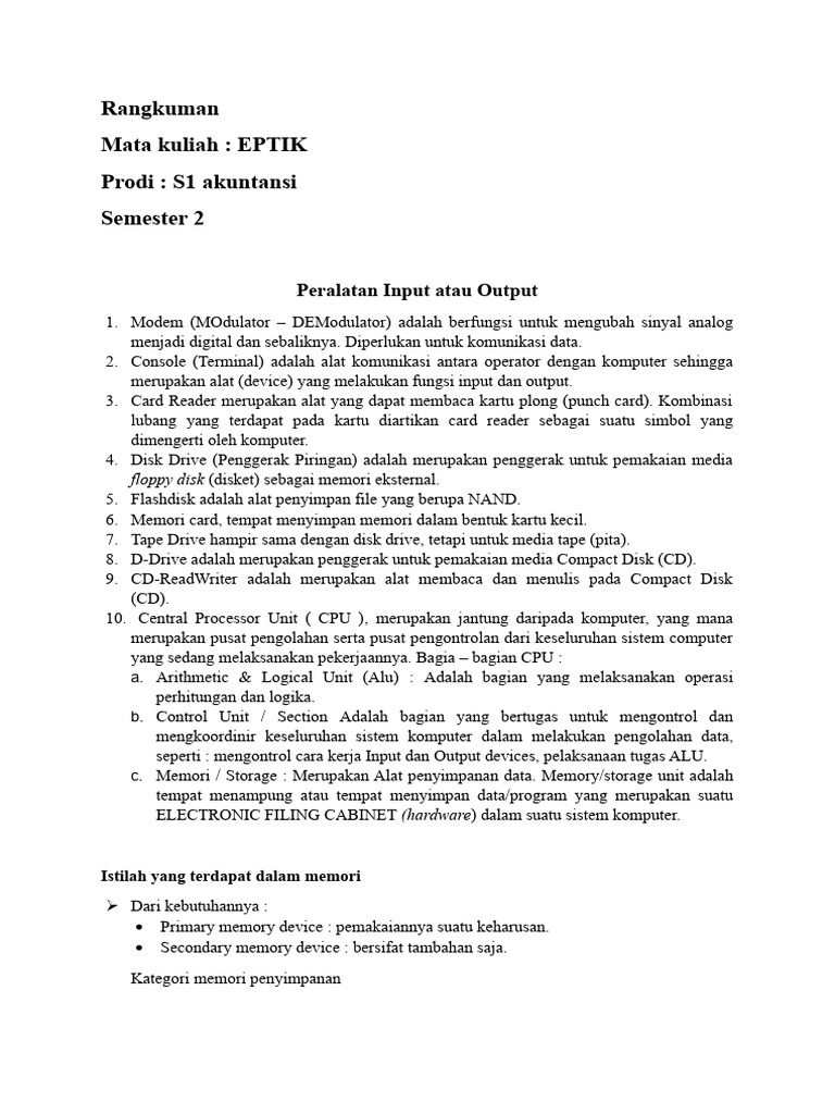 Rangkuman Matkul EPTIK Materi Peralatan Input Atau Output | PDF | Komputer