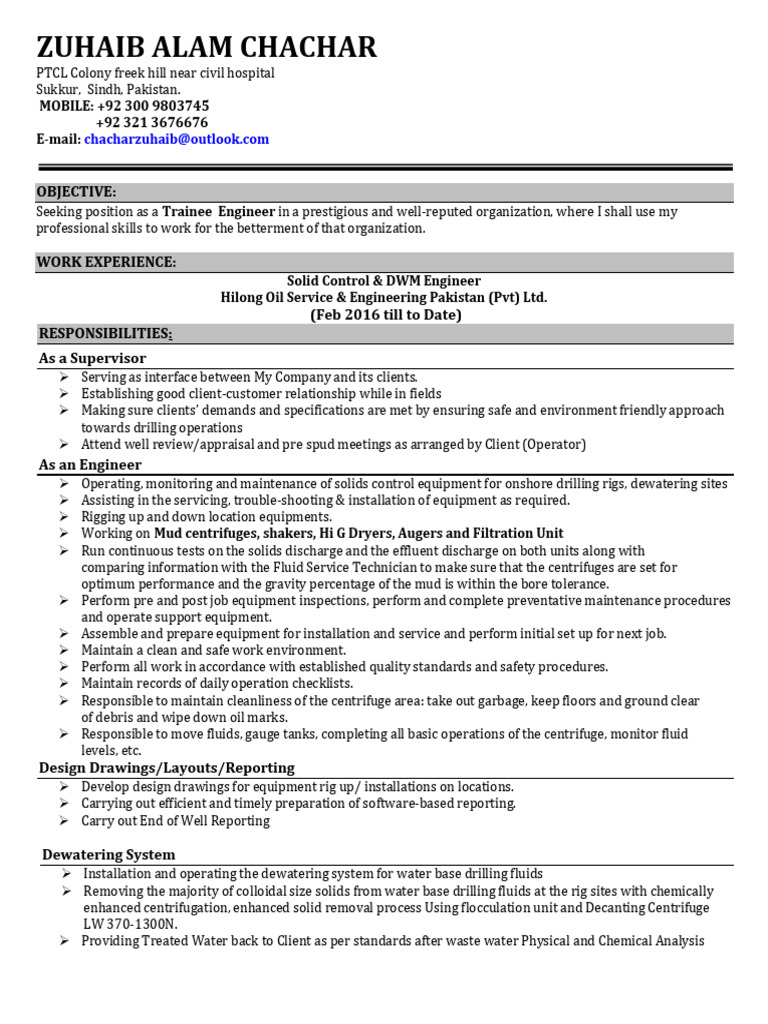 Zuhaib Alam CV | PDF | Drilling Rig | Pump