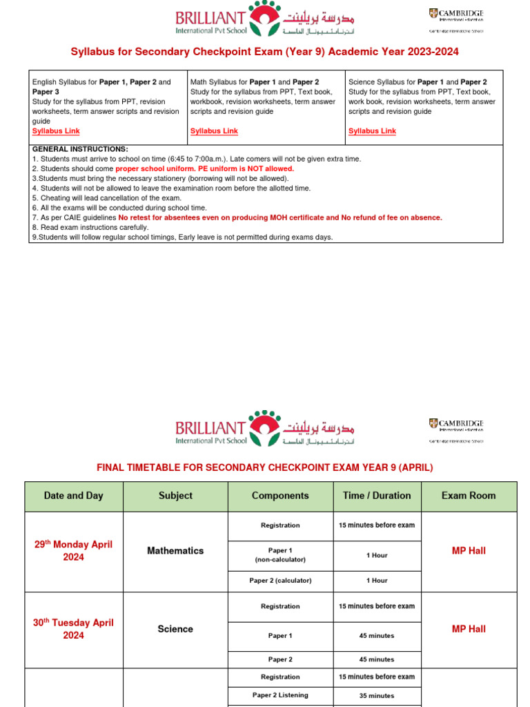 Syllabus For Secondary Checkpoint Exam (Year 9) Academic Year 2023-2024 ...