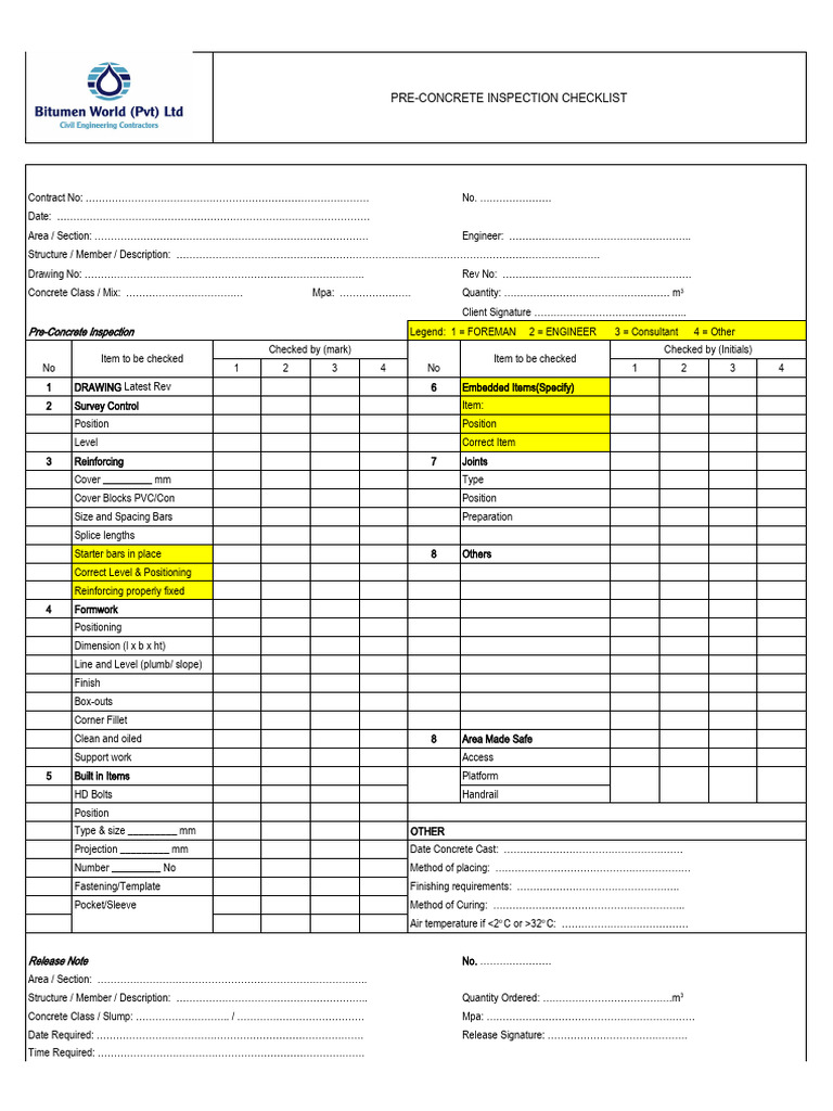 BW-IMS-R-PR-4-12 Pre Concrete Inspection Checklist Rev 0 | Download ...