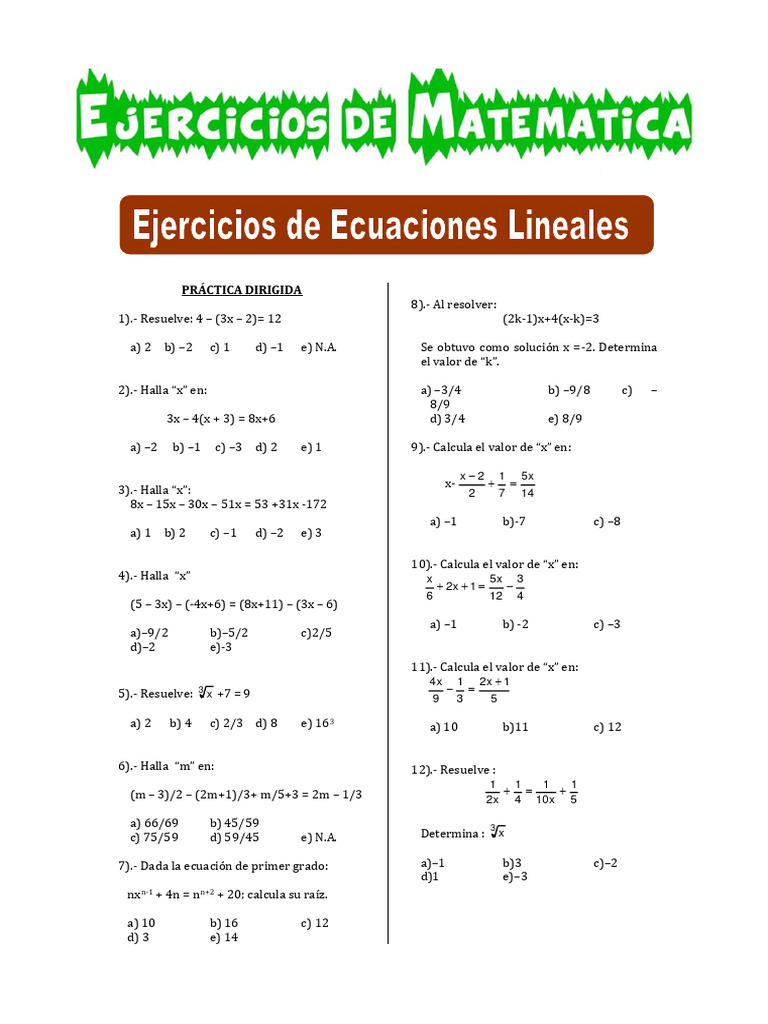 Ejercicios de Ecuaciones Lineales | Descargar gratis PDF | Objetos matemáticos | Matemáticas