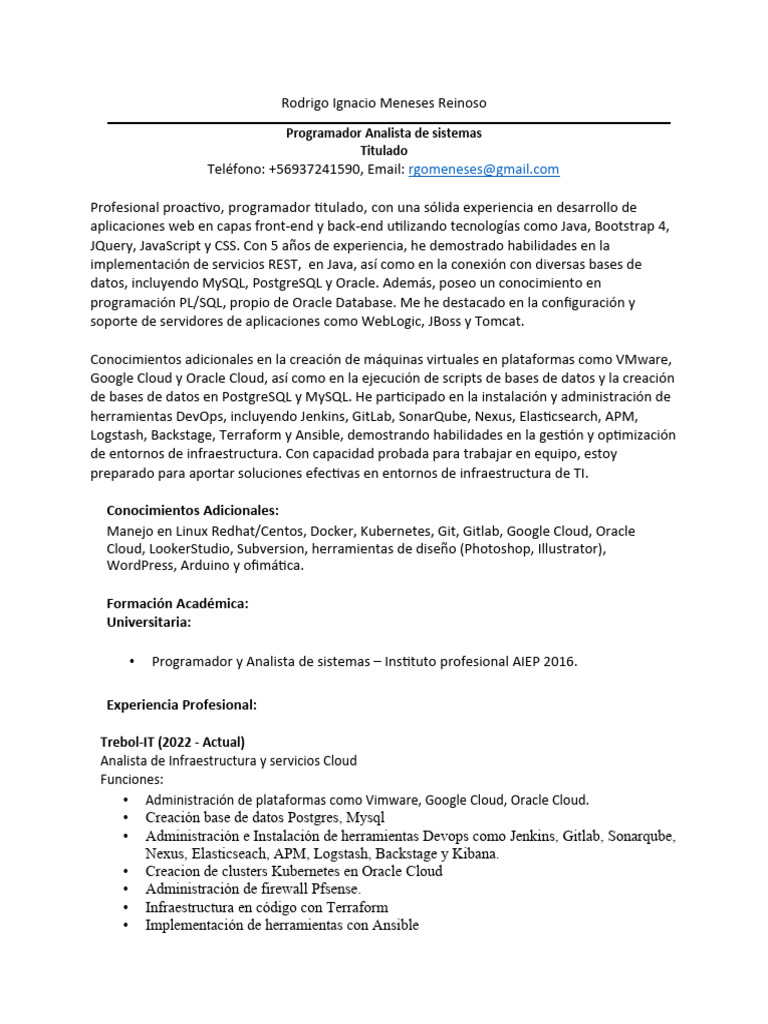 CV Rodrigo Meneses 2024 | Descargar gratis PDF | Mi sql | Computación en la nube