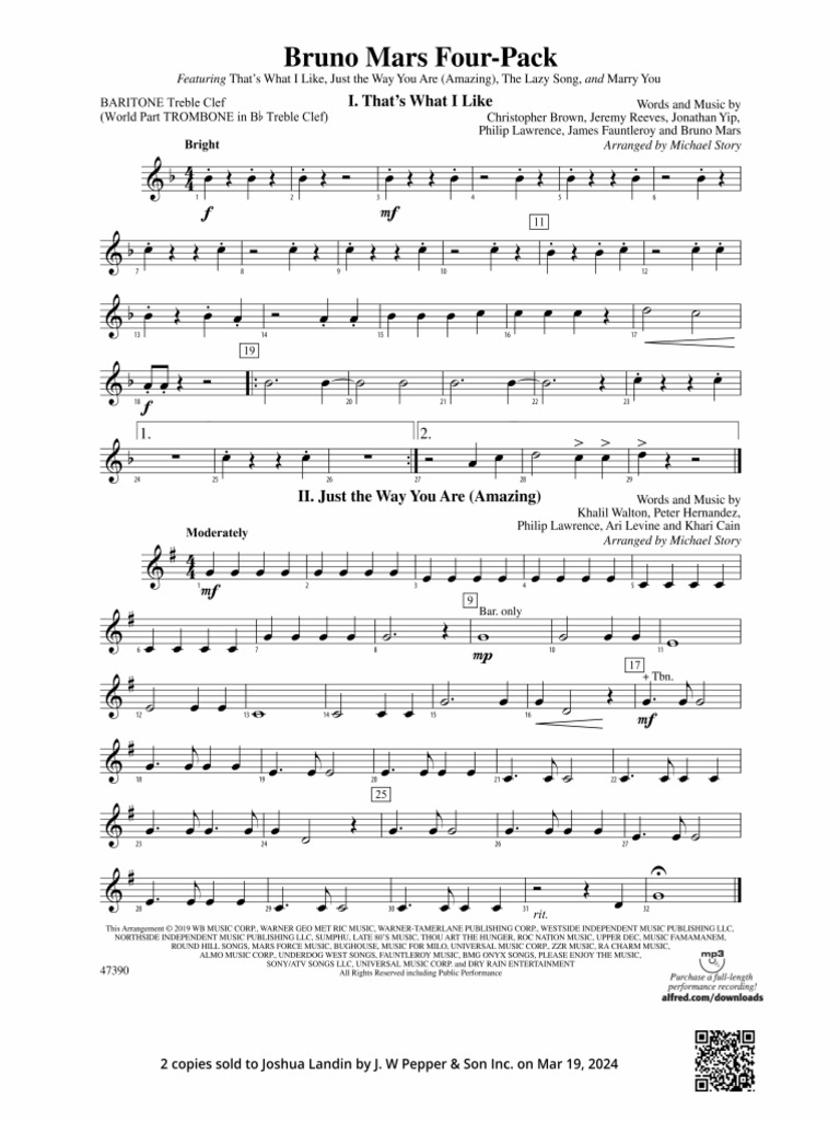 Bruno Mars Four-Pack Baritone Treble Clef | PDF