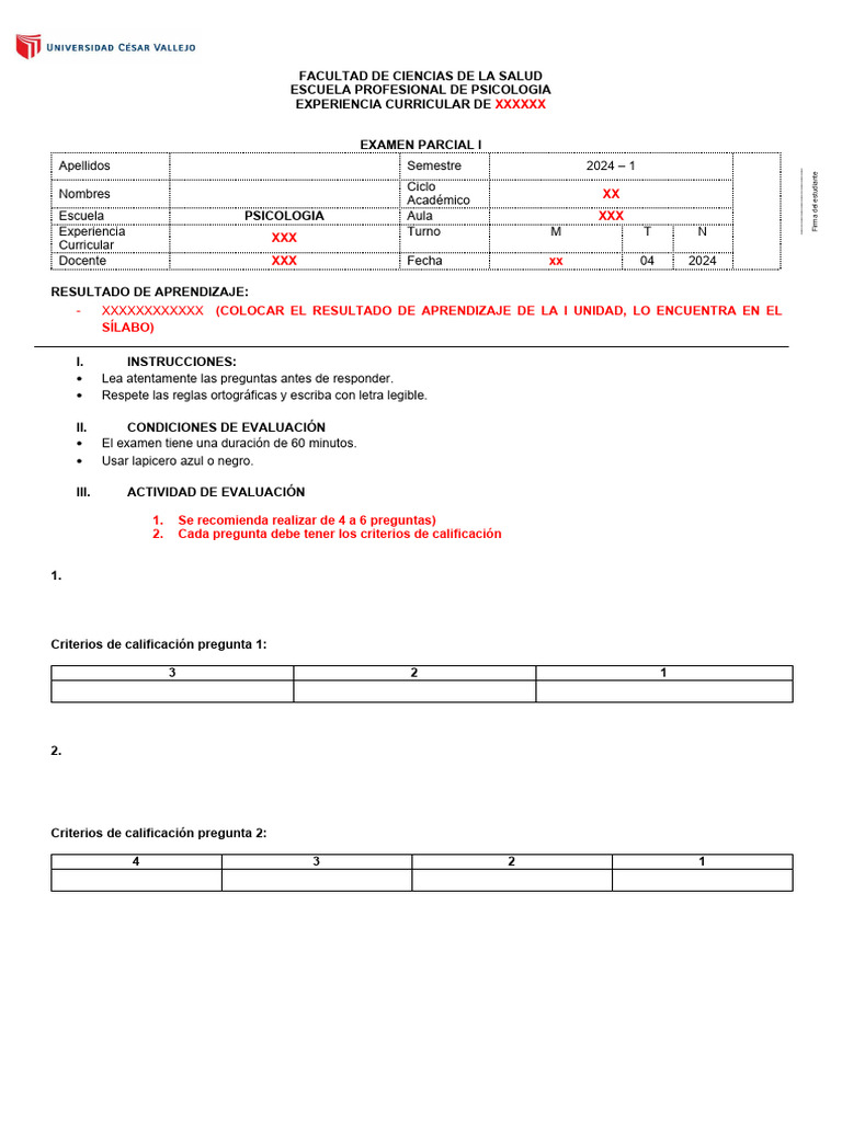 Formato de Examen - Parcial I 24-1 | PDF