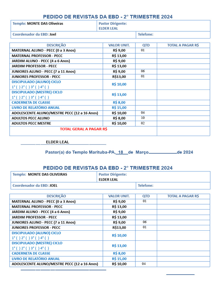 Modelo de PEDIDO DE REVISTAS EBD - 2º TRI_2024-3 | PDF