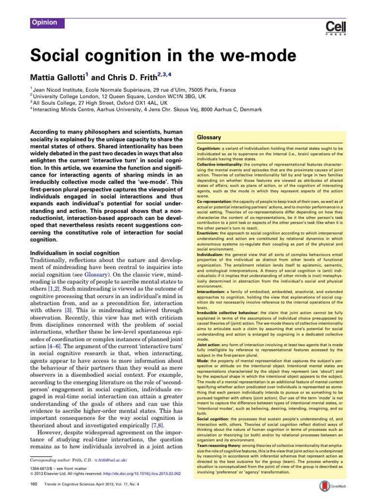 Cognición Social in The We-Mode | PDF | Mind | Cognition