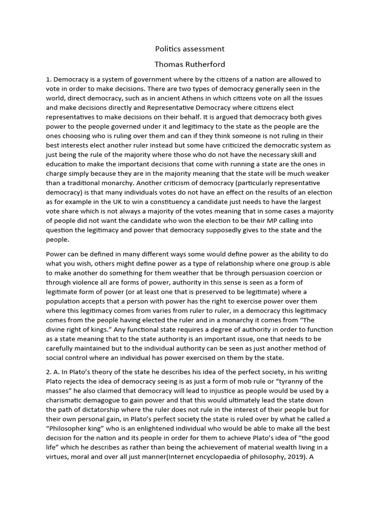 Politics Assessment | PDF | Democracy | Political Ideologies