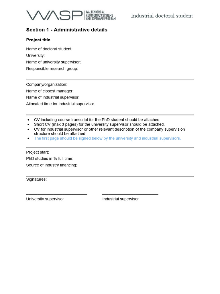 Template WASP Industrial PHD | PDF | Doctor Of Philosophy | Cognitive Science