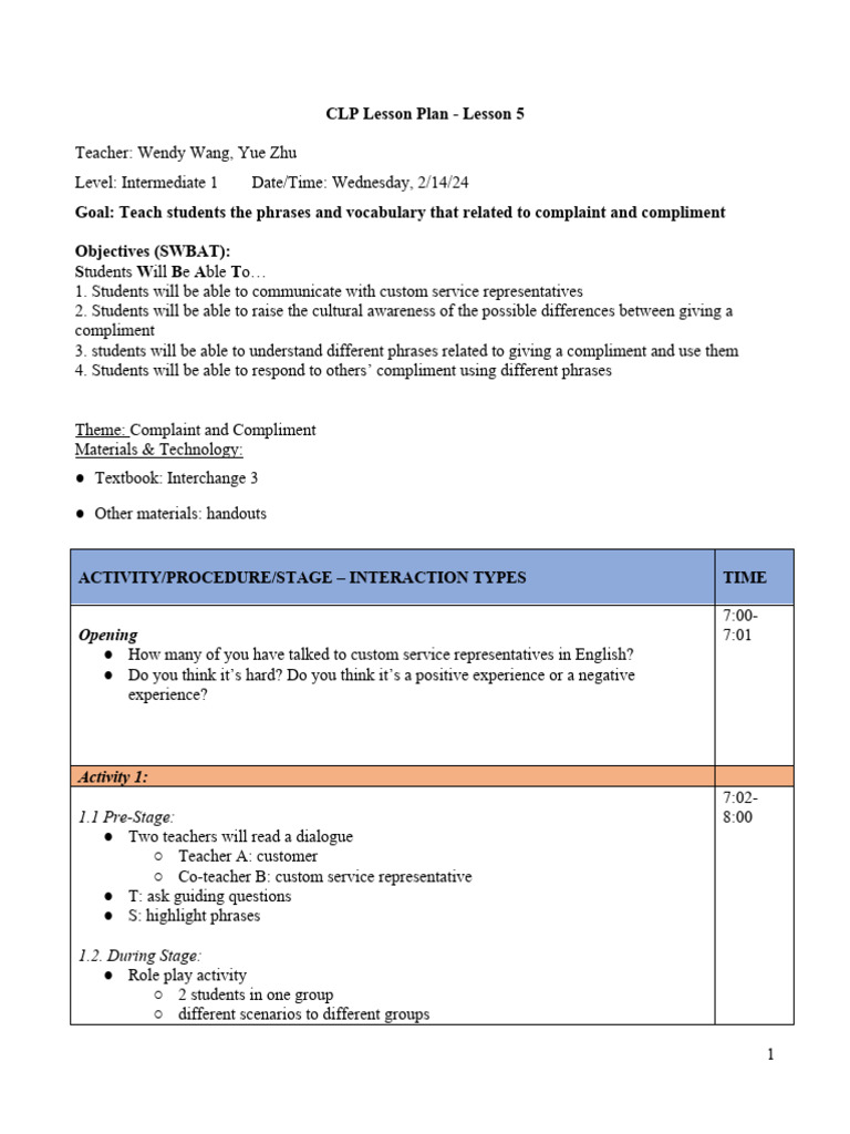 CLP Lesson Plan - Lesson 5: Opening | Download Free PDF | Human ...