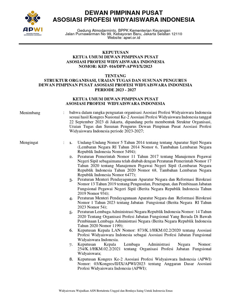 SK Pengurus APWI 2023-2027 | PDF