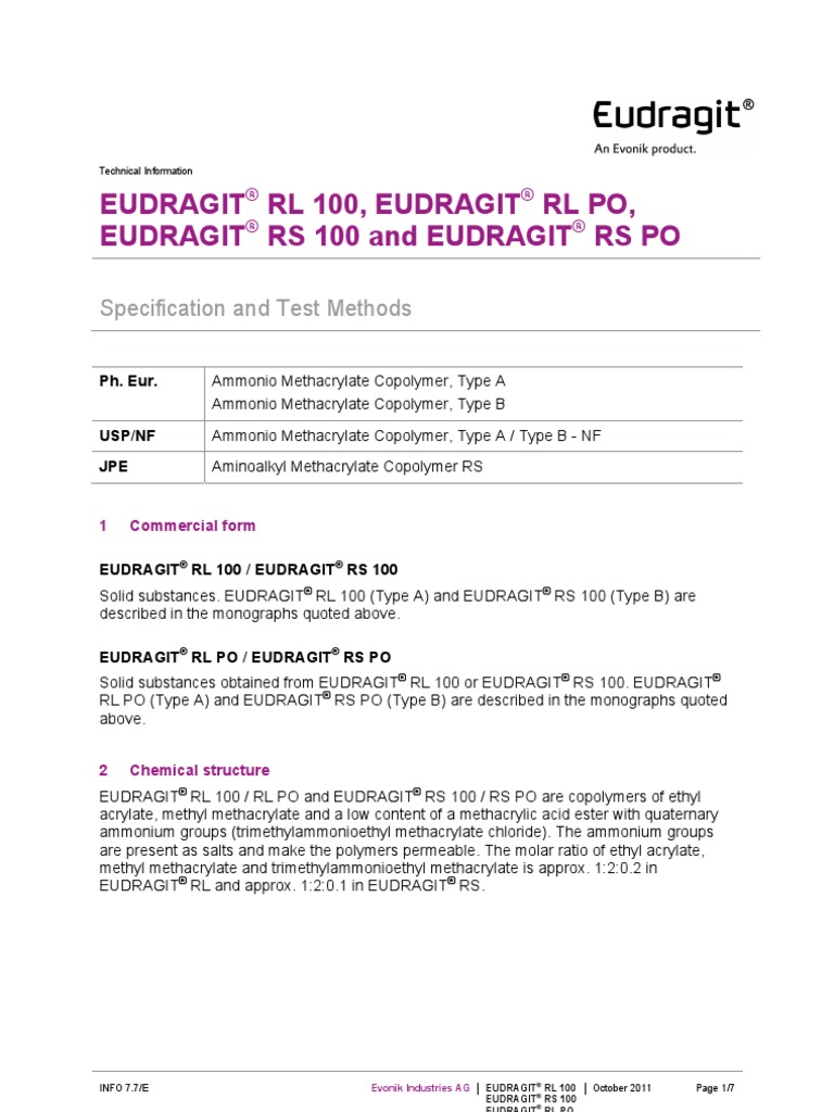Evonik Specification Eudragit RL 100, Eudragit RL Po, Eudragit Rs 100 ...