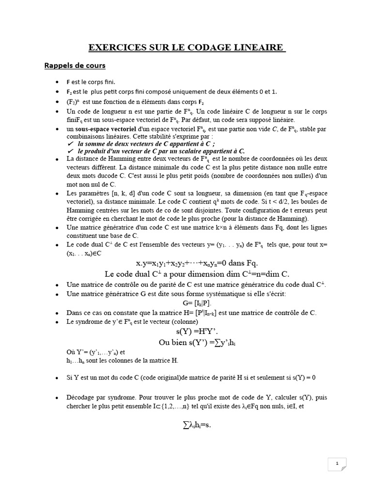 Exercices de codage linéaire et correction | PDF | Espace vectoriel ...