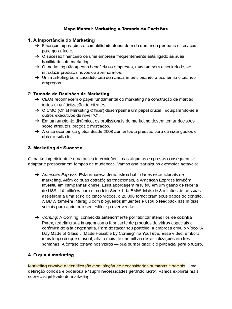 Mapa Mental: Marketing e Decisões Estratégicas | PDF | Marketing ...