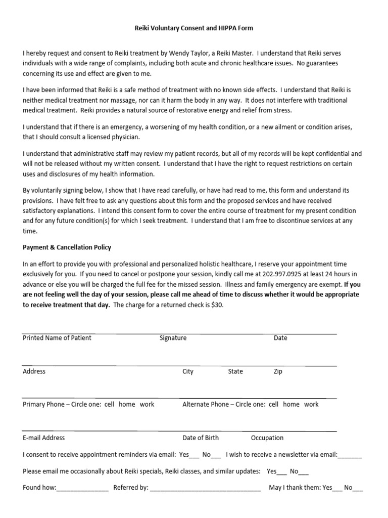 Reiki-Voluntary Consent and Hippa Form | PDF | Informed Consent ...