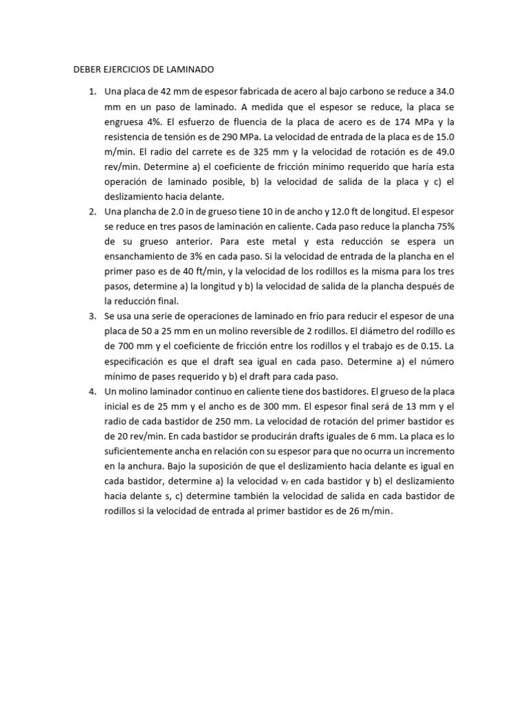 Deber Ejercicios de Laminado | PDF