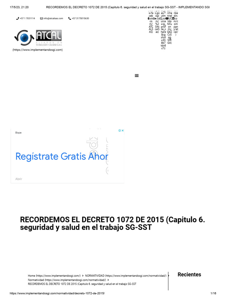 RECORDEMOS EL DECRETO 1072 DE 2015 (Capitulo 6. seguridad y salud en el trabajo SG-SST ...