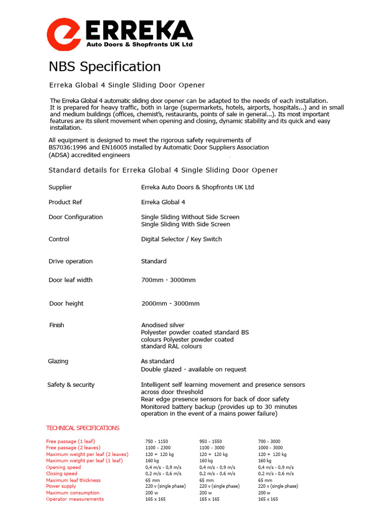Erreka Global 4 NBS Spec | PDF | Door | Motor Vehicle