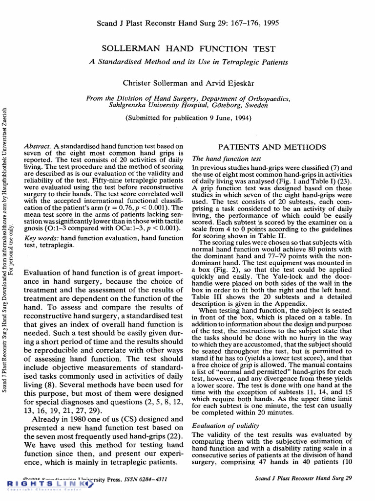 Sollerman Hand Function Test | PDF | Surgery | Medical Specialties