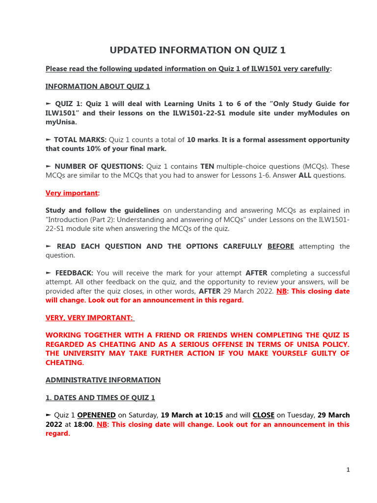 ILW1501 - Quizz 1 - Updated Information and Submission Instructions - 19!03!2022 | PDF ...
