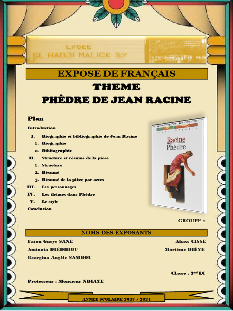 Exposé sur Phèdre de Jean Racine | PDF | Jean Racine | Thésée