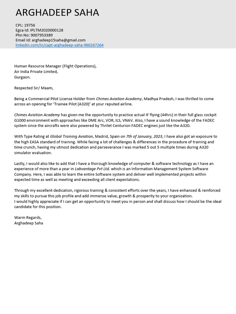 Cover Letter Air India | PDF