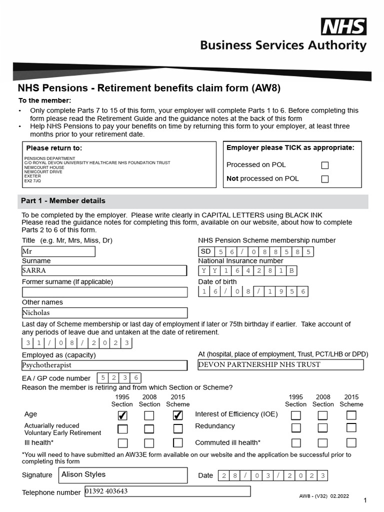 AW8 (V32) Employee Section | PDF | Pension | Retirement