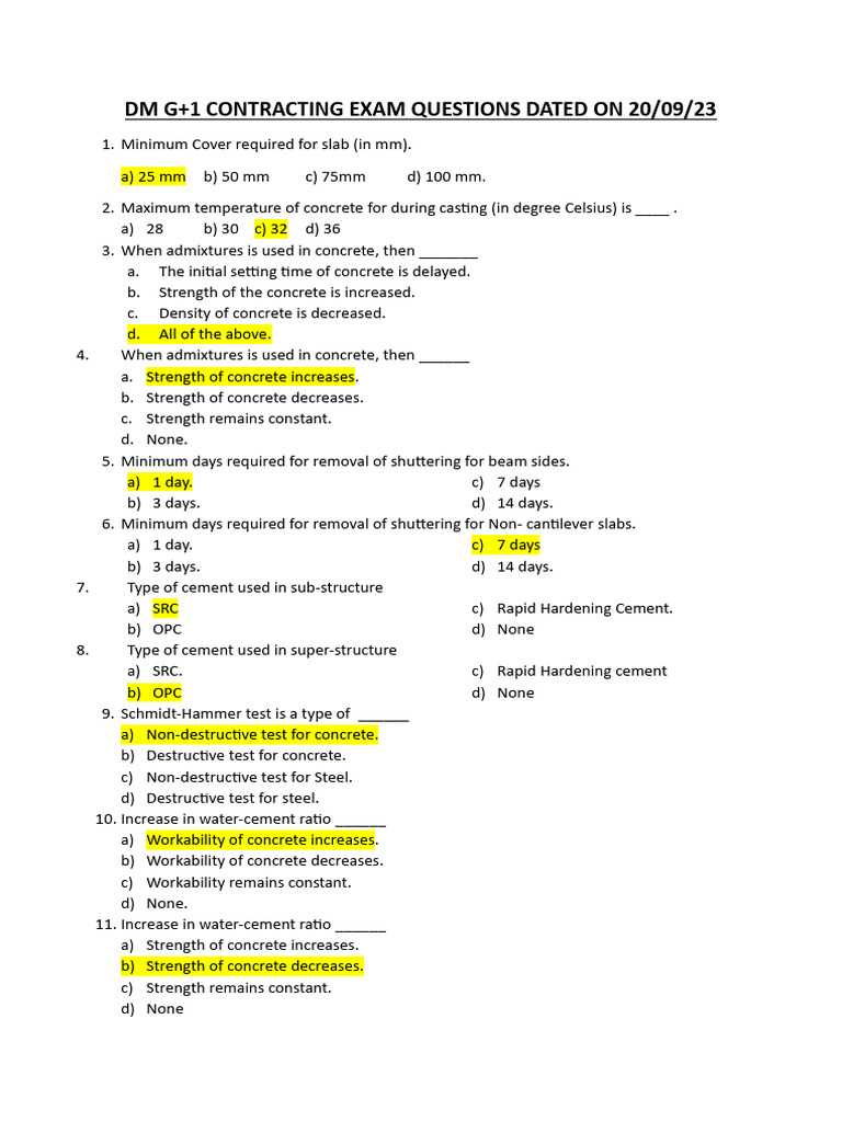 DM G+1 Contracting Exam Questions | PDF | Concrete | Density