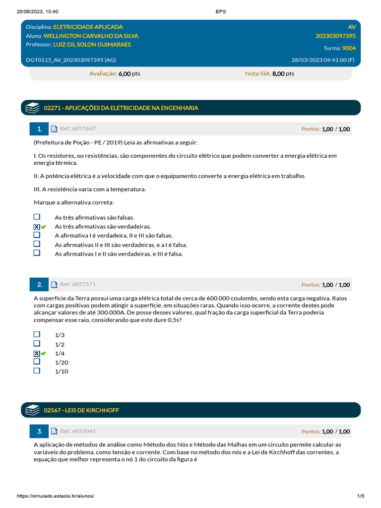 Avaliação Eletricidade Aplicada Pdf Eletricidade Rede Elétrica