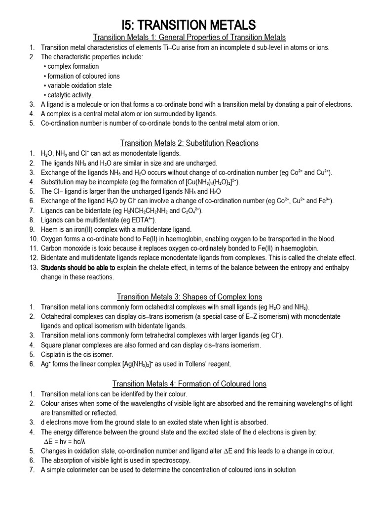 I5 Transition Metals | PDF | Catalysis | Coordination Complex