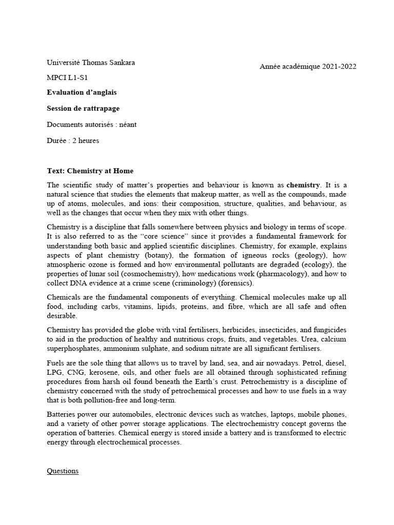 Devoir de Rattrapage L1S1 2022 Chemistry at Home | PDF | Chemistry | Fertilizer