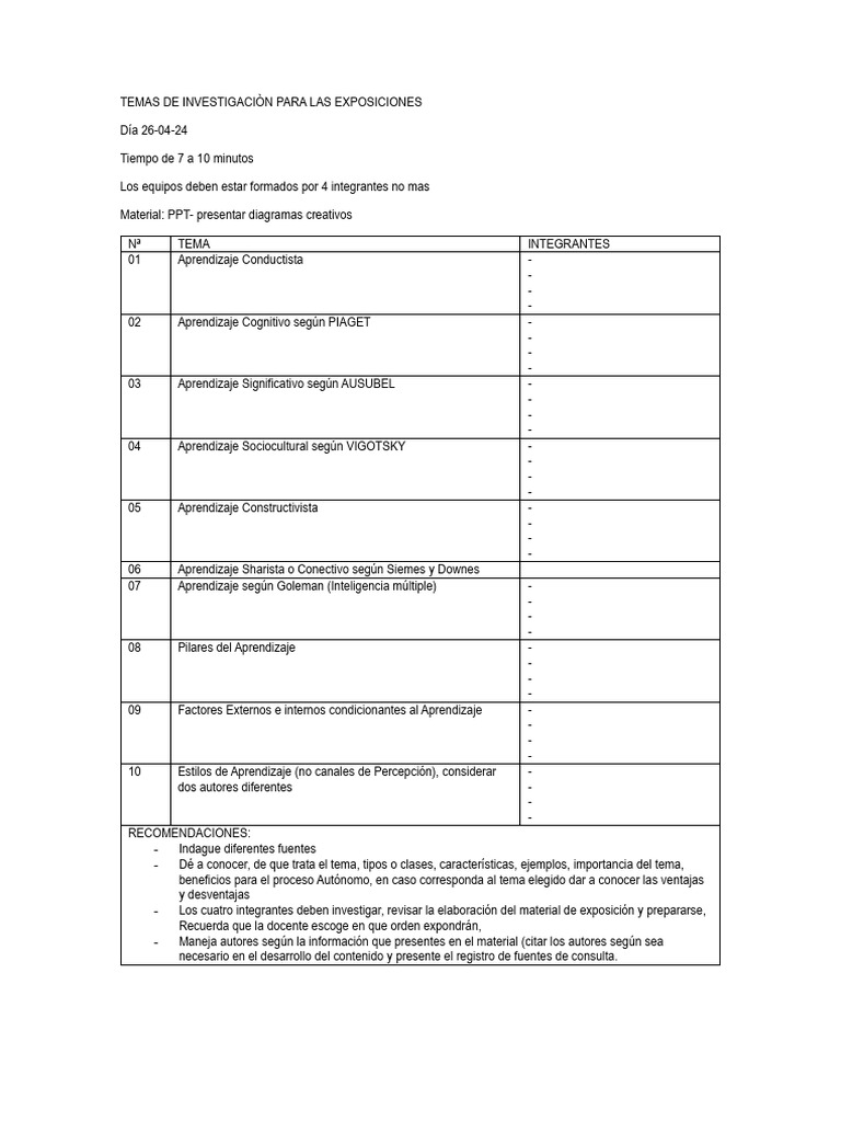 Temas de Investigaciòn para Las Exposiciones | PDF | Aprendizaje | Constructivismo (filosofía de ...