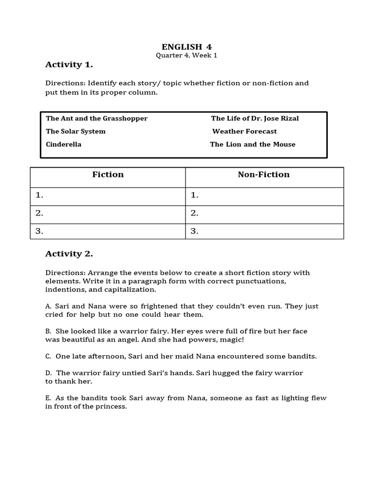 English 4 Week 1 Learning Activity | PDF | General Fiction
