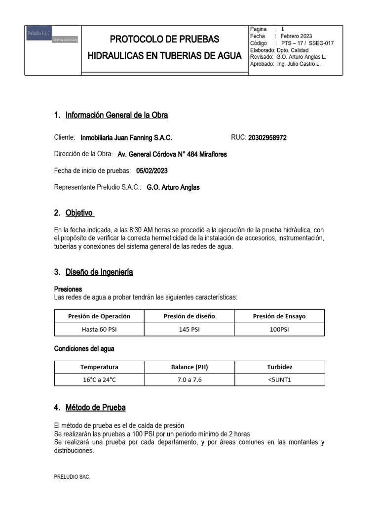 Protocolo de Pruebas Hidraulicas en Tuberias de Agua | PDF | Agua | Presión