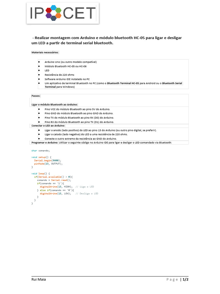 Realizar Montagem Com Arduino e Módulo Bluetooth HC | PDF | Arduino | Bluetooth