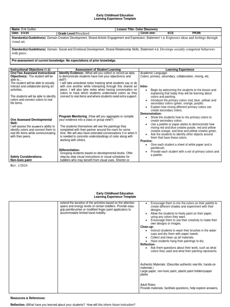 Preschool Visual Art Lesson Plan | PDF | Color | Learning