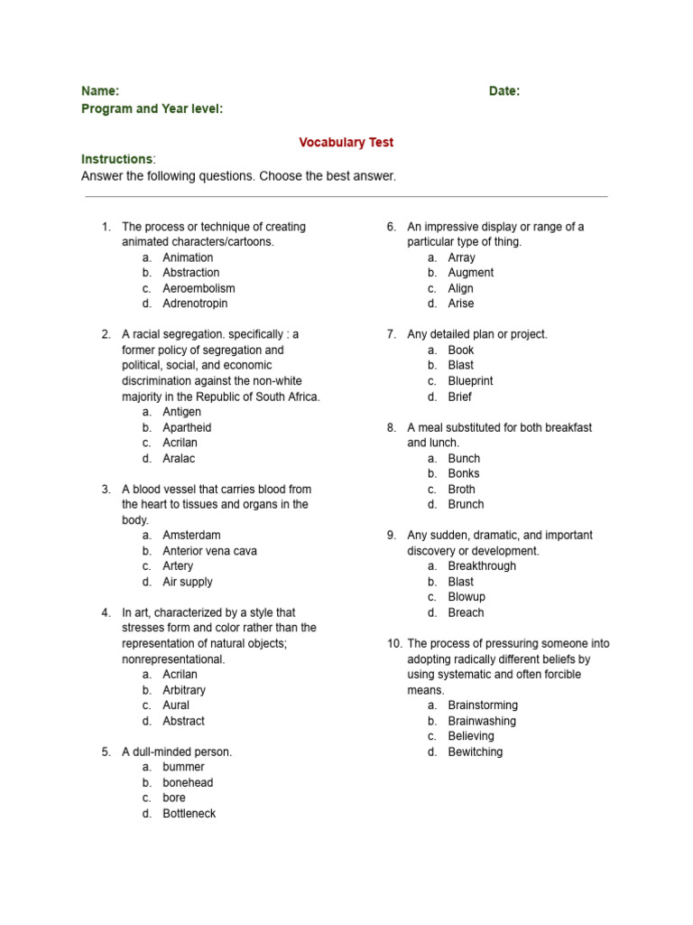 Vocabulary Test | PDF | Cognition