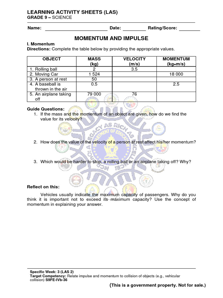 q4 g9 Science Las2 Marikina RTP | PDF | Collision | Momentum