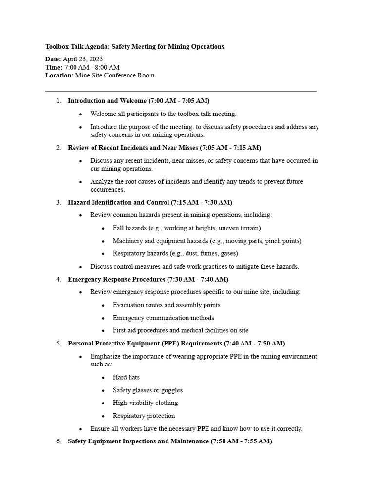 Toolbox Talk Agenda - MINE | PDF | Personal Protective Equipment ...