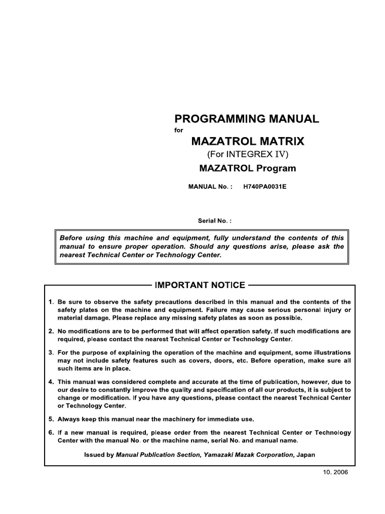 PROGRAMMING MANUAL - Mazak Mazatrol Programing Manual For Mazatrol Matrix1 - 20 | PDF