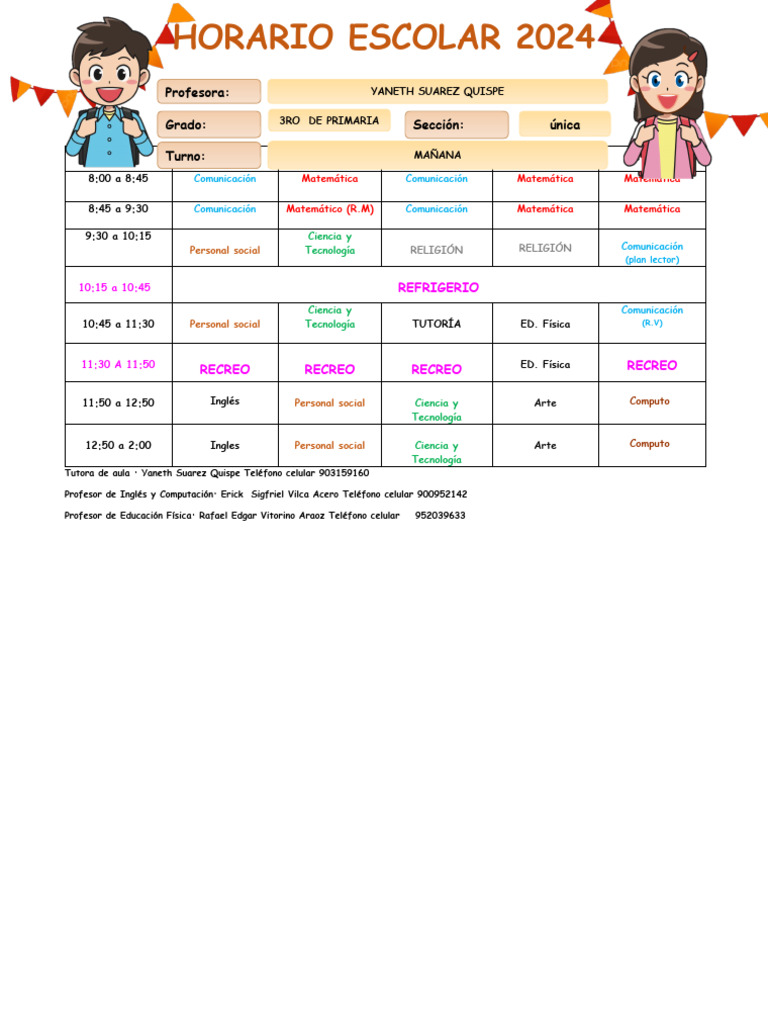 Horario 3ro Primaria 2024 | PDF
