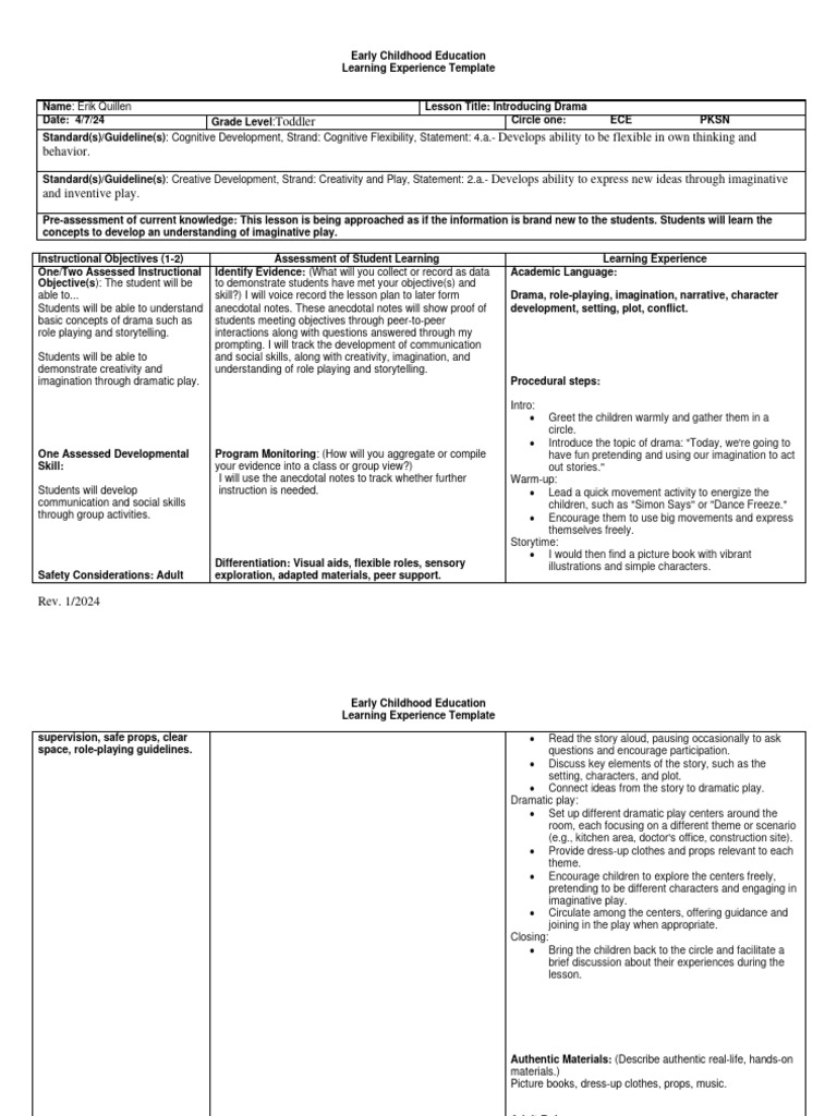 Toddler Drama Lesson Plan | PDF | Creativity | Learning