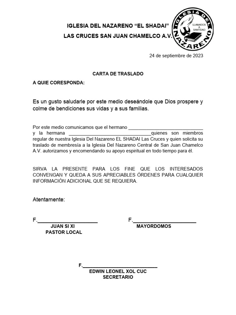 Carta de Traslado | PDF