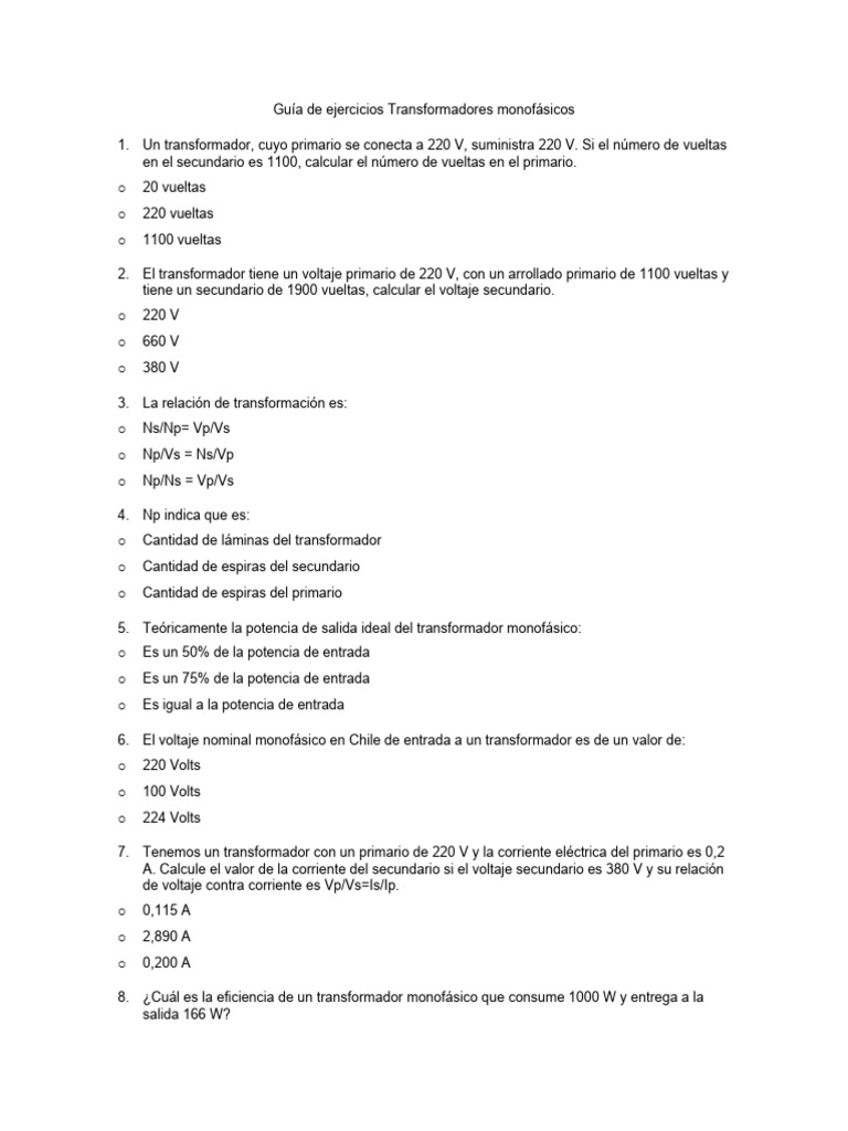 Guía de Ejercicios Transformadores Monofásicos | Descargar gratis PDF | Transformador | Ciencia ...