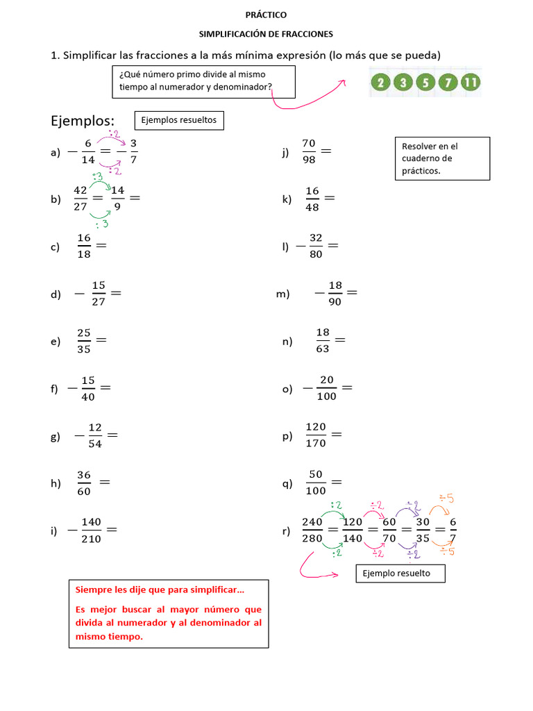 Práctico - Simplificación de Fracciones 2do | PDF