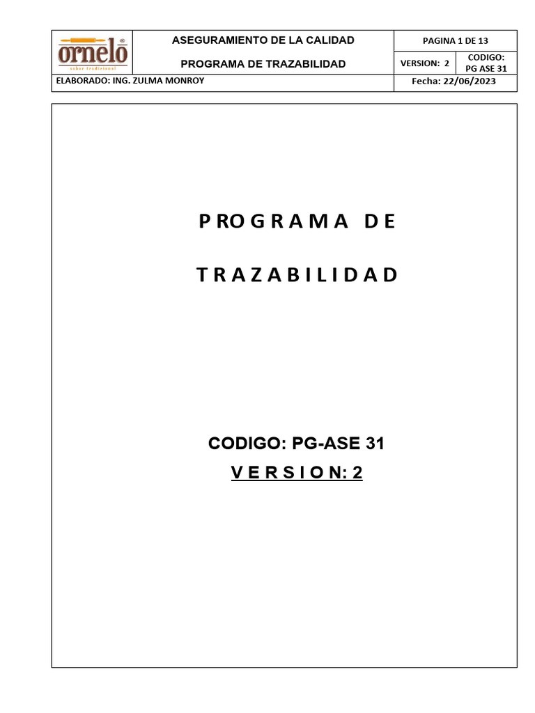 Programa Trazabilidad Re Ase 31 2023 | PDF | Calidad (comercial) | Alimentos
