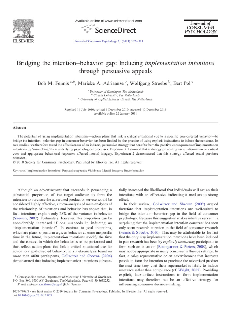 FENNIS - Et Al - Bridging The Intention-Behavior Gap - JOURNAL OF CONSUMER PSYCHOLOGY - 2011 ...