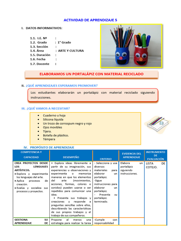 D5 A2 Ficha Arte Elaboramos Un Portalápiz Con Material Reciclado