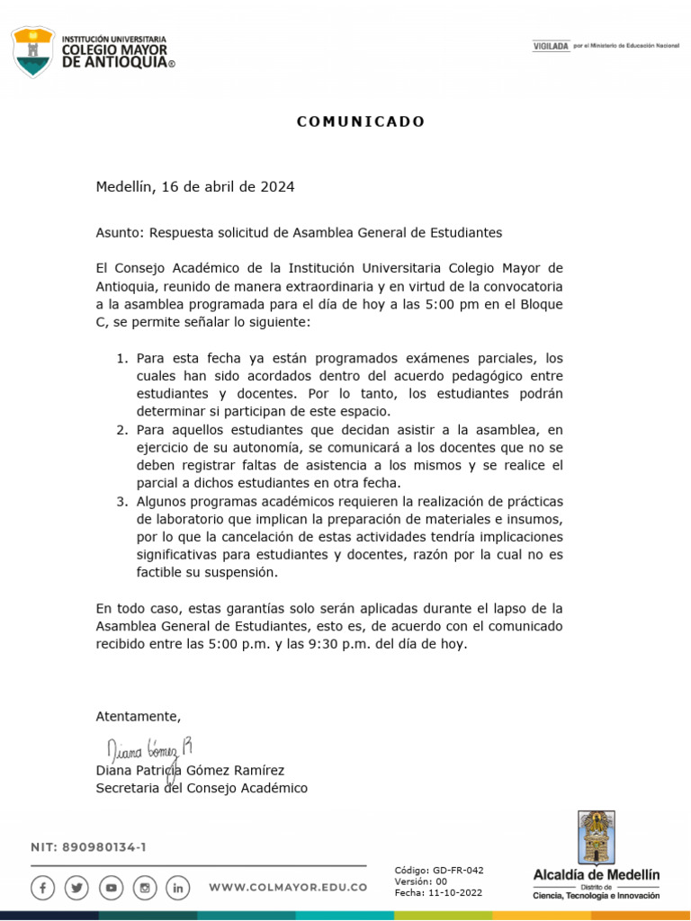 Comunicado Asamblea Estudiantil 16 de Abril de 2024 | PDF
