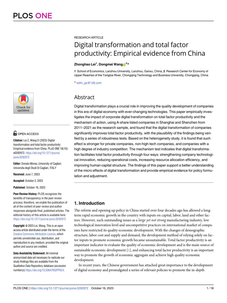Digital Transformation and Total Factor | PDF | Fixed Effects Model ...