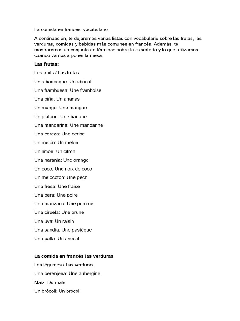 La Comida en Francés | PDF | Cocina, comidas y vino